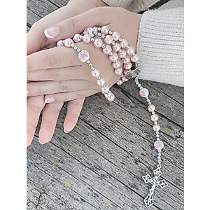Nazareth Store Flowers Beads Rosary Necklace Crystallized Glass Pearl Beaded Rosary Miraculous Medal and Crucifix (Pink)