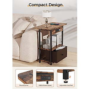 GiveBest End Table with Charging Station, Narrow Side Table with USB Ports and Outlets, Sofa Couch Table for Small Spaces, Slim Bedside Table Nightstand with Storage for Living Room Bedroom Office