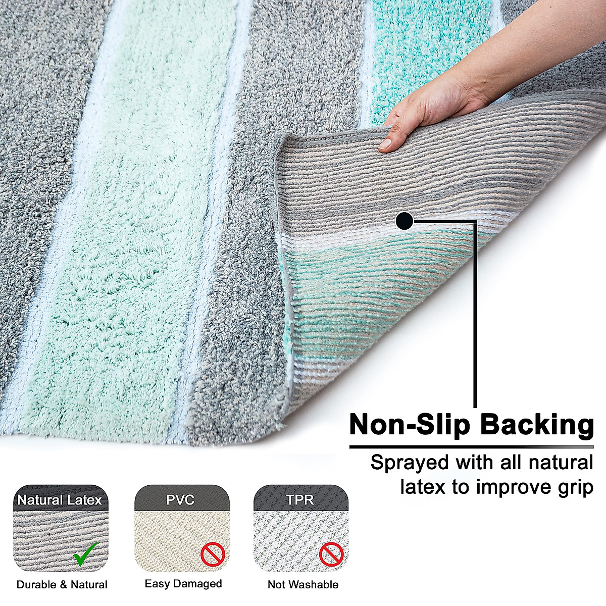 Chardin home Cordural Stripe Bath Rug Runner with Skid Resistant Latex Spray Underneath. Mint Green/Grey, 24" W x 60'' L