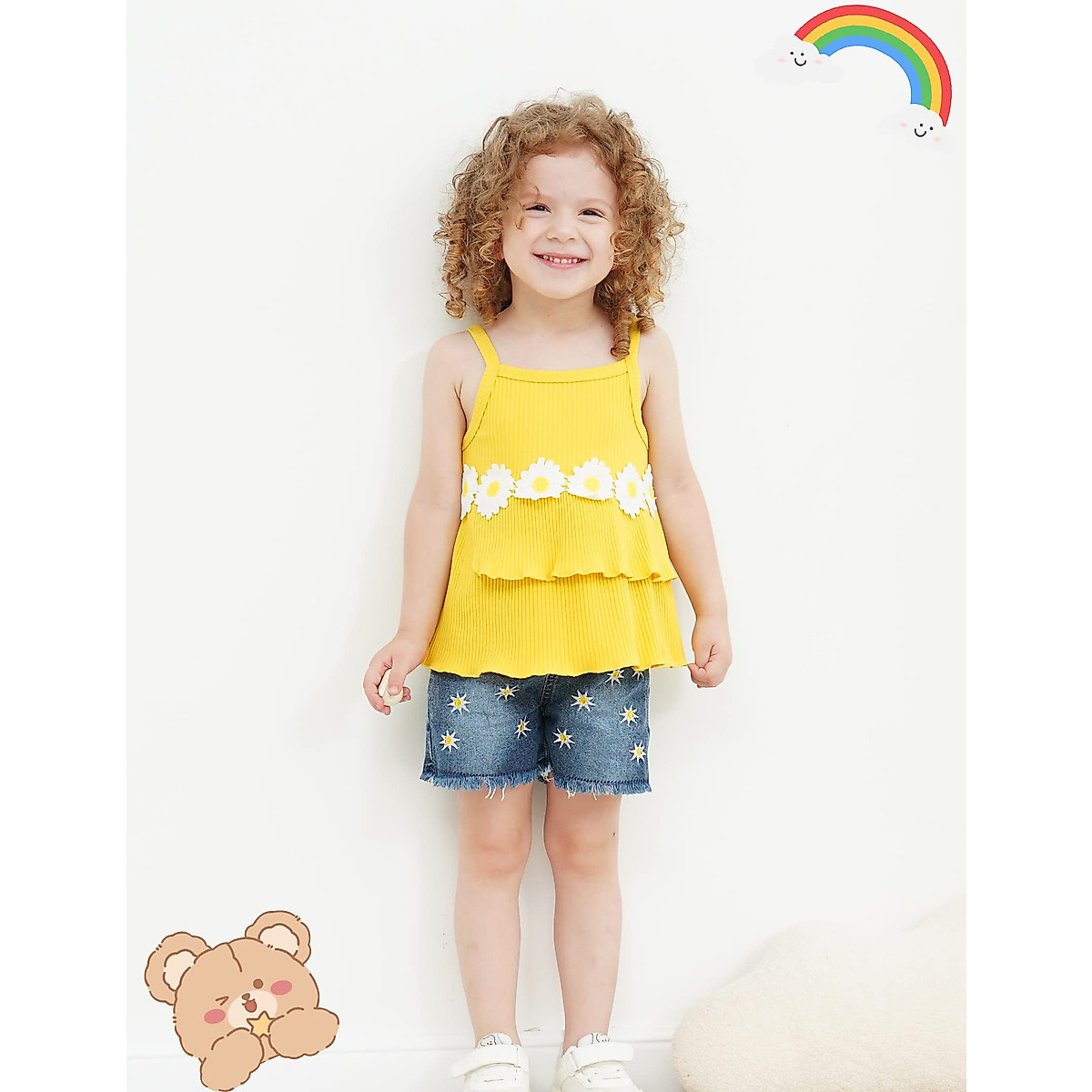 itkidboy Toddler Baby Girls Clothes Ruffle Cami Tank Flower Tops Blouse Denim Shorts Pants Kids Summer Outfit Set(3-4T)