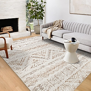 Area Rug Living Room Carpet: 8x10 Large Moroccan Soft Fluffy Geometric Washable Bedroom Rugs Dining Room Home Office Nursery Low Pile Decor Under Kitchen Table Light Brown/Ivory