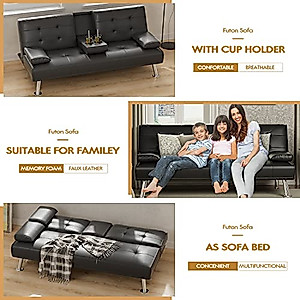 YESHOMY Convertible Folding Futon Sofa Bed Sleeper Couch for Living Room Faux Leather Upholstered Loveseat w/Removable Armrests, Metal Legs, 2 Cup Holders, Dark Black