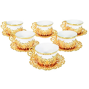 Alisveristime Turkish Coffee Cup Set, White Porcelain and Zinc Metal with Turkish Motifs, 6 Cups and Saucers (Gold)