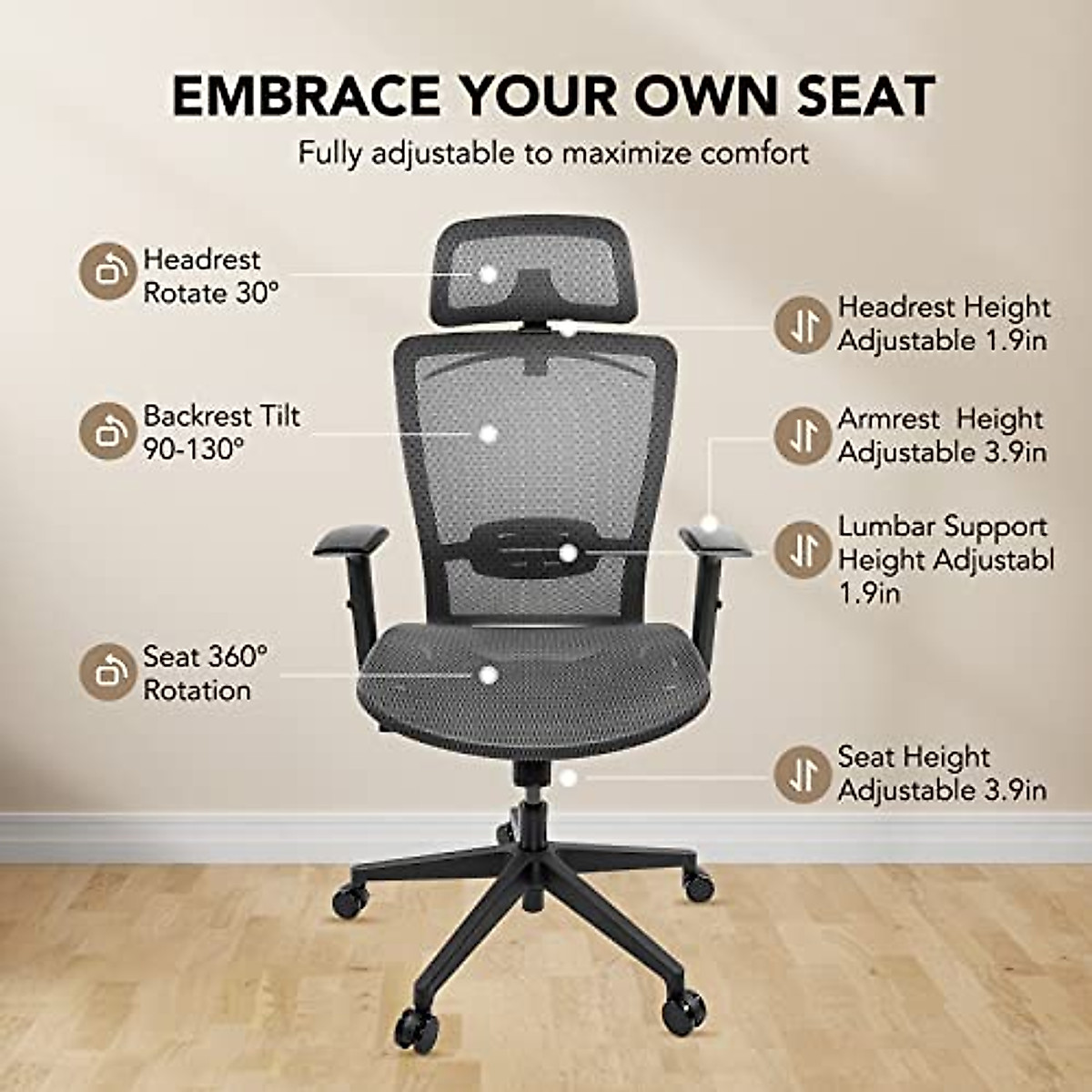 Ergonomic Office Chair Swivel Height Adjustable Computer Desk Chair Home Office Desk Chairs with Lumbar Support Gray