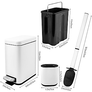 M-Aimee Slim Trash Can and Toilet Brush Combo, Stainless Steel Garbage Can, 1.3 Gallon / 5 Liter, Rectangle Step Small Garbage bin, Soft Close, Removable Plastic Bucket (White)