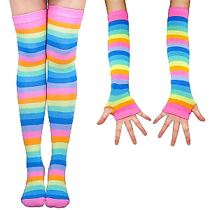 SherryDC Womens Girls Cosplay Rainbow Striped Knee High Socks Leg Arm Warmer Fingerless Gloves Set