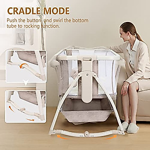 JOYMOR Bedside Sleeper Rocking Bassinet, Height Adjustable Breathable Net Bed Side Baby Cribs with Washable Mattress,Mosquito Net,Storage Basket for Infants, Beige
