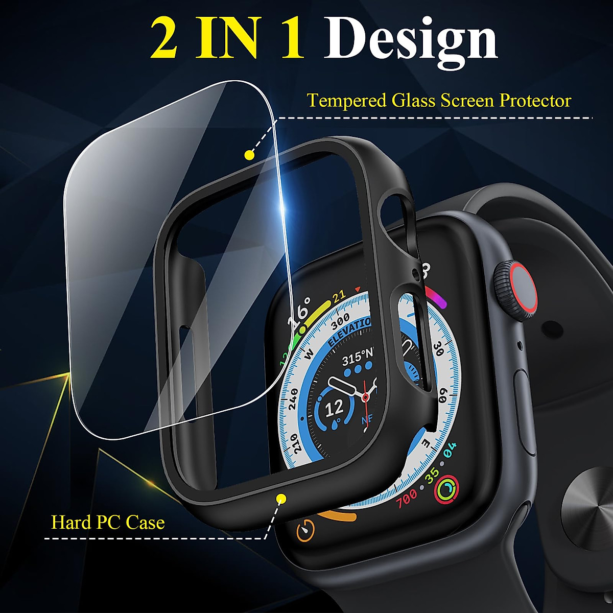[3 Pack] Case for Apple Watch Series 9 Screen Protector 45mm Series 8 Series 7, EWUONU Hard PC Bumper Cover HD Tempered Glass Full Protective Case for iWatch Series 9/8/7 Accessories 45mm, Black