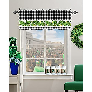 Curtain Valance for Windows St. Patrick's Day Clover Gold Kitchen Valances Rod Pocket Short Curtains,White Black Checker Plaid Window Treatment Panel for Living Room Bathroom Bedroom 60x18in