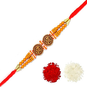 Dmoksh Rakhi for Brother 4 Pics Rakhi Set Designer Rakhi for Brother With Roli & Rise|God Rakhi for Raksha bandhan |Bracelet Rakhi|Wooden Beads&Pearl|Best Gift Rakhi for Brother.