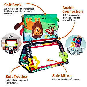 Tummy Time Mirror Toys for Baby 0-6 6-12 Months High Contrast Infant Toys with Crinkle Cloth Book and Teethers Black and White Montessori Sensory Toys for Newborn Boys Girls