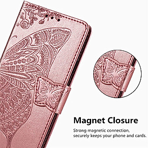 ROPIGO for Samsung Galaxy S21 FE 5G Wallet Case, Embossed Butterfly Premium PU Leather [Kickstand] [Card Slots] [Wrist Strap] [6.4 inch] Phone Cover for Samsung S21 FE (A1-Rose)