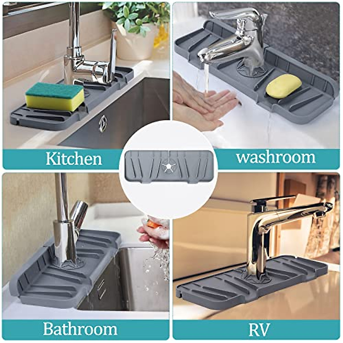 ABQ Kitchen Sink Splash Guard, 2 Pack Silicone Faucet Handle Drip Catcher Tray, 14.57" x 5.31" Drying Mat for Kitchen Countertop & Bathroom Sink Protectors (Grey)
