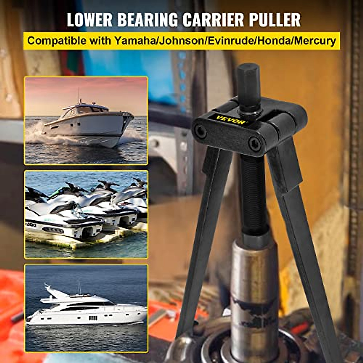 VEVOR Lower Bearing Carrier Puller, Compatible with Yamaha, Johnson, Evinrude, Honda, Mercury, Robust Steel Marine Lower Bearing Puller with Adjustable Arms, Works for Lower Carrier Bearing Removing , Black