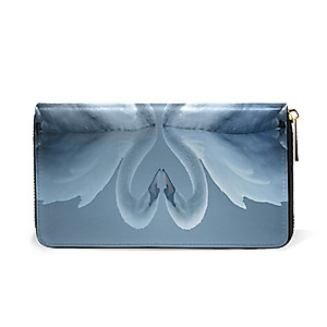 Two Swan Ducks Making Heart Swimming on Water Beautiful Scene Leather Long Wallet Organizer with Zipper Purse Clutch Bag for Women Men