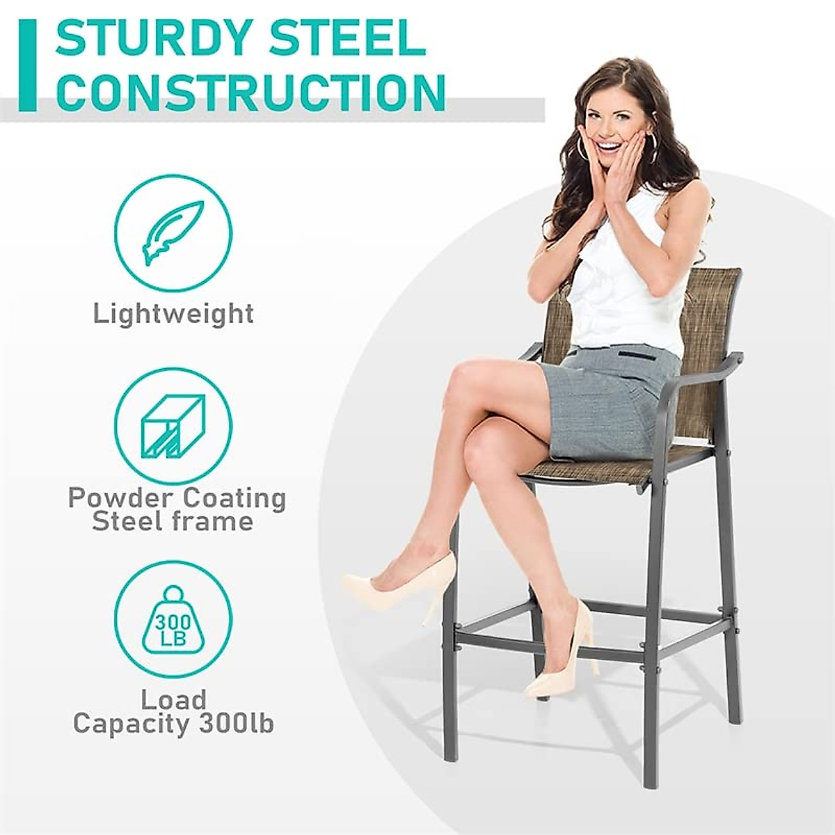 VredHom Outdoor Metal Bar Stools Patio Bar Stools Set of 2, Counter Height Chairs Steel Bar Chairs Lightweight Patio Furniture with Textilene, Armrest and Footrest,Brown