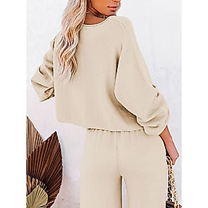 Pink Queen Women's 2 Piece Knit Sweatsuit Puff Sleeve Cropped Sweater Top and Long Pants Tracksuit Lounge Set Beige XL