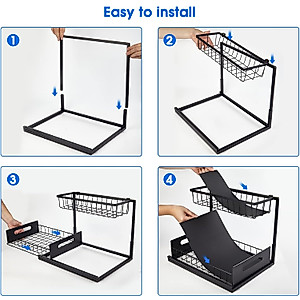 2 Pack Under Sink Organizers and Storage, UINOFLE 2 Tier Sliding Cabinet Organizer Drawer with 8 Hooks Adjustable Depth Pull Out Cabinet Organizer Multi-Purpose Organizer for Bathroom Kitchen (Black)