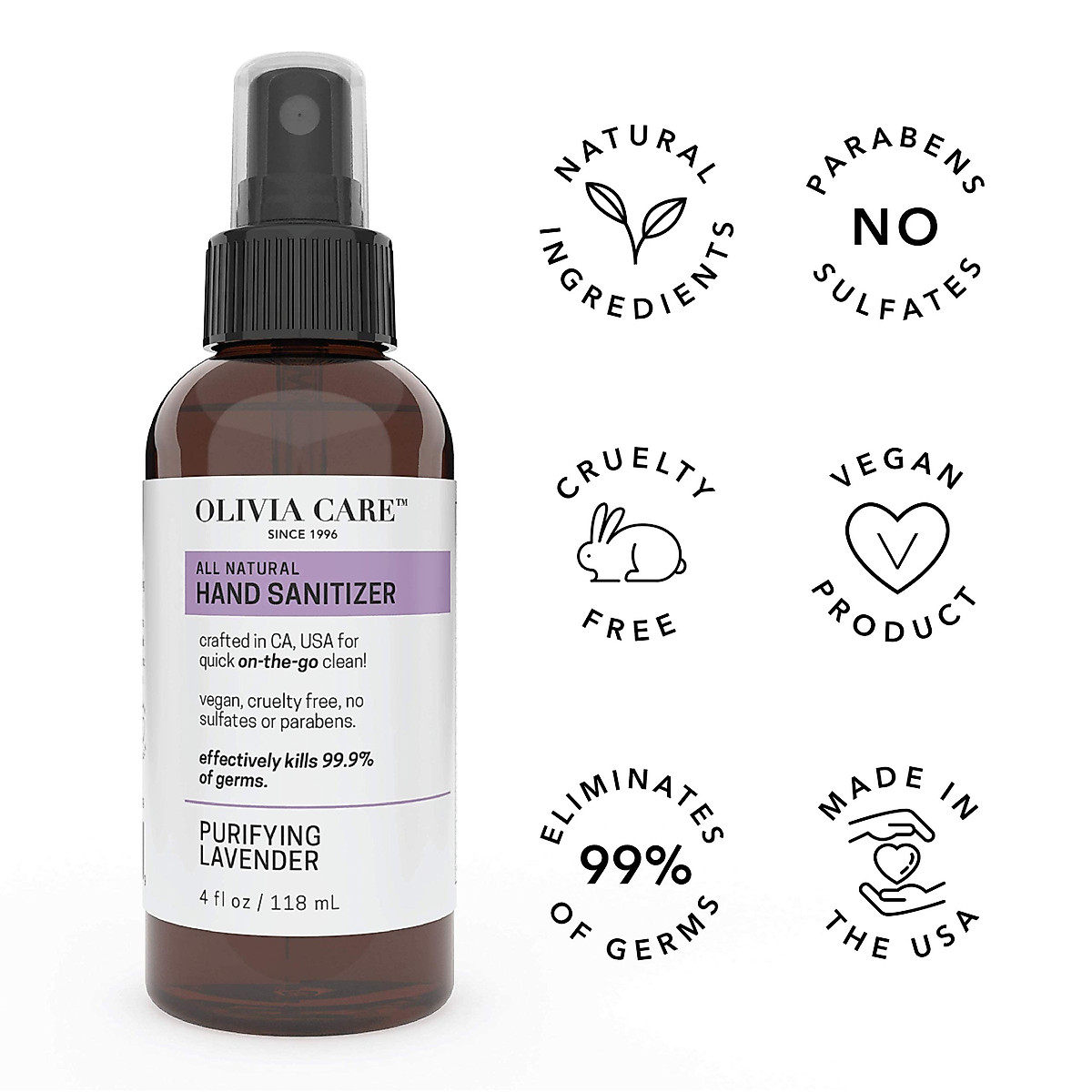 Olivia Care Hand Sanitizer Alcohol Based and Infused with Cleansing Lavender Essential Oils 4 FL OZ