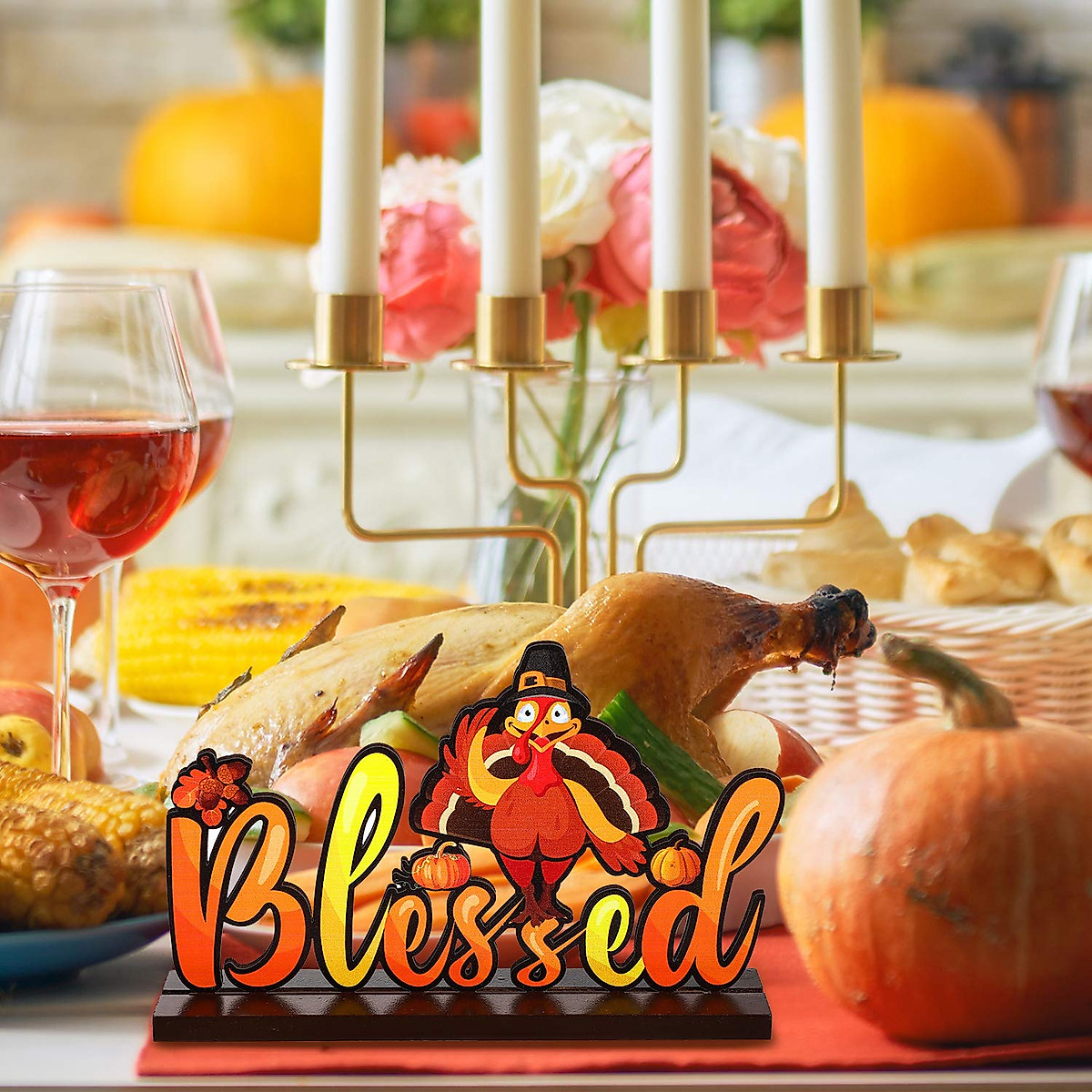 Happy Thanksgiving Sign Thanksgiving Decorations for Table Thanksgiving Table Centerpieces Turkey Decors Pumpkin Signs for Harvest Give and Thanks Wooden Happy Fall Maple, 7.87 x 4.72 Inch