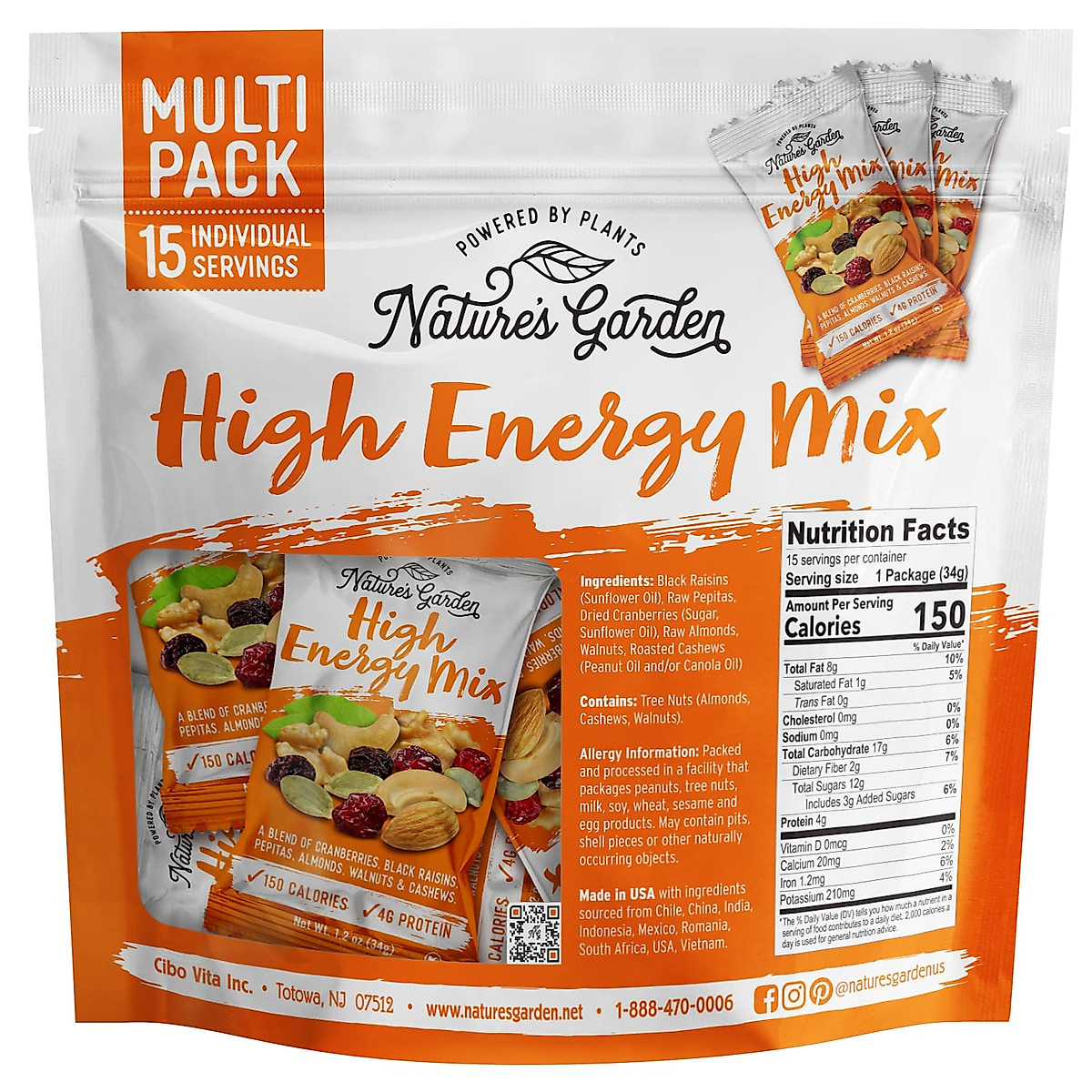 Nature's Garden High Energy Mix, Deluxe Mixed Nuts, Energy Boost, High Energy Trail Mix, Cranberries, Raisins, Almonds, Walnuts, Cholesterol Free, Sodium Free, No Artificial Ingredients – 1.2 Oz Bags (15 Individual Servings)