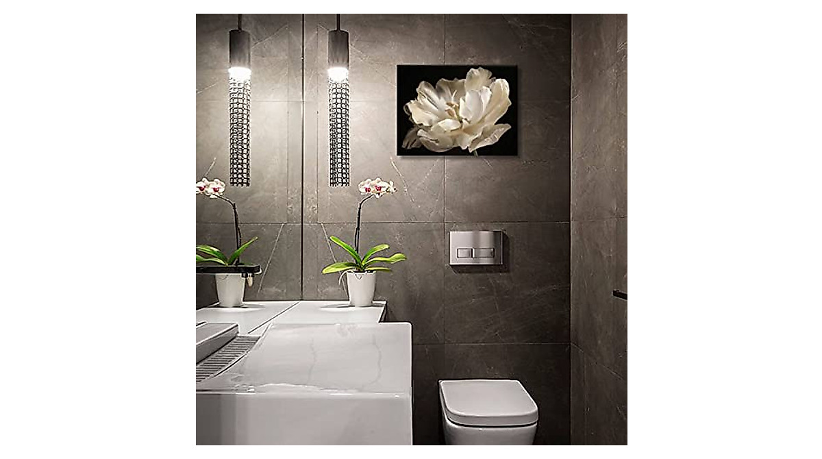Black Bathroom Decor - White Tulip on Black Background Modern Canvas ...