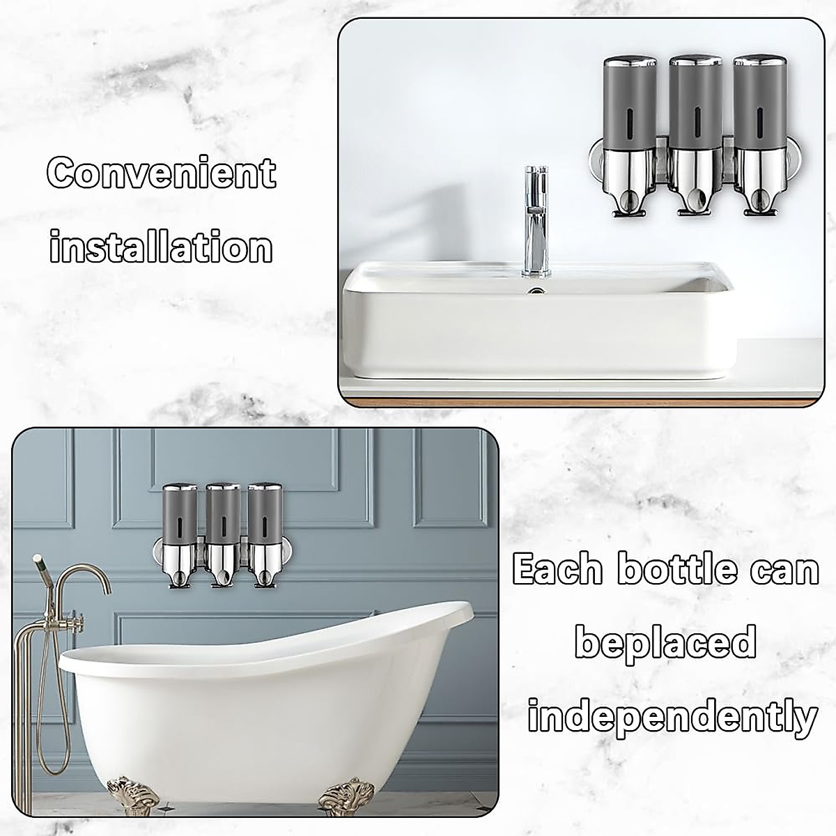 No-Drill 3 Pack 500ml Wall Mounted Soap Dispenser for Bathroom and Kitchen, Shampoo and Conditioner Dispenser Drill Free with Adhesive(Round-Grey)