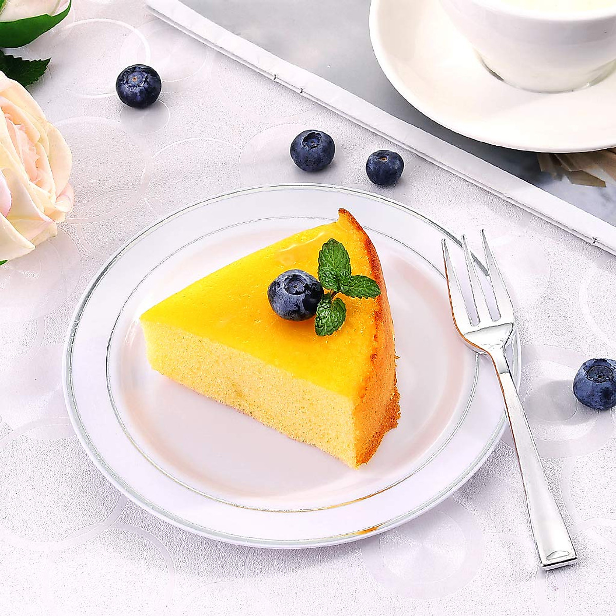 bUCLA 100Pieces Silver Plastic Plates -6.25inch Disposable Salad/Dessert Plates- White with Silver Rim Premium Hard Plastic Appetizer Plates/Small Cake Plates for Weddings,Parties&Christmas