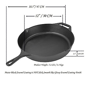 La Cuisine 12” Cast Iron Skillet Frying Pan with Matte Black Enamel Coating – Thermal Resistant Silicone holders included. Ideal for both Indoor and outdoor use, Oven Safe.