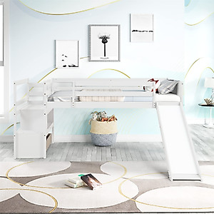 Low Loft Bed with Slide and Stairs Twin Loft Bed with Storage Wood Bed Frame for Kids Teens Girls Boys， White
