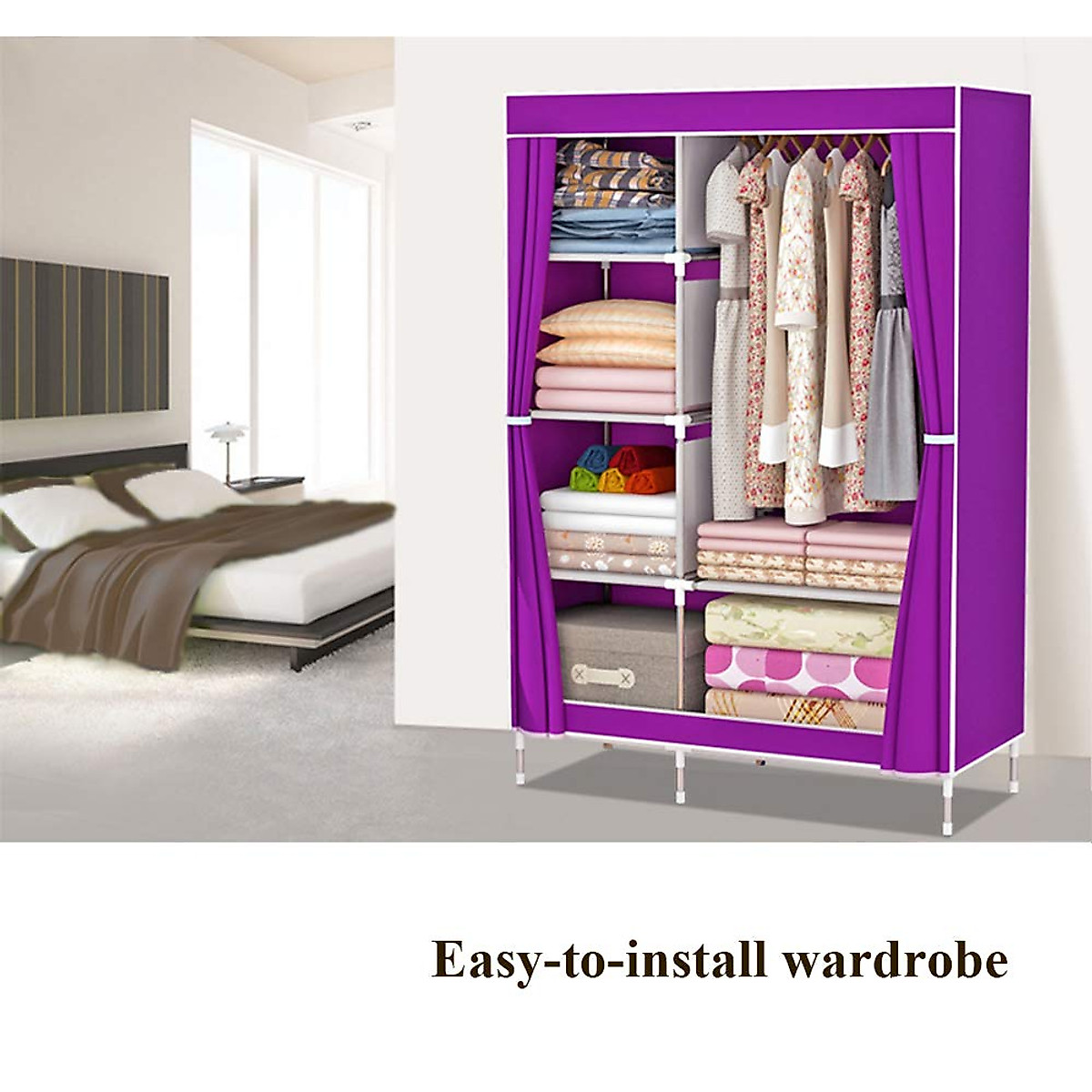 ZZBIQS Clothing Wardrobe Closet, Portable Non-Woven Fabric Garment Clothes Wardrobe Storage Organizer Shelf Rack, DIY Armoire Storage with Hanging Rod(Purple)