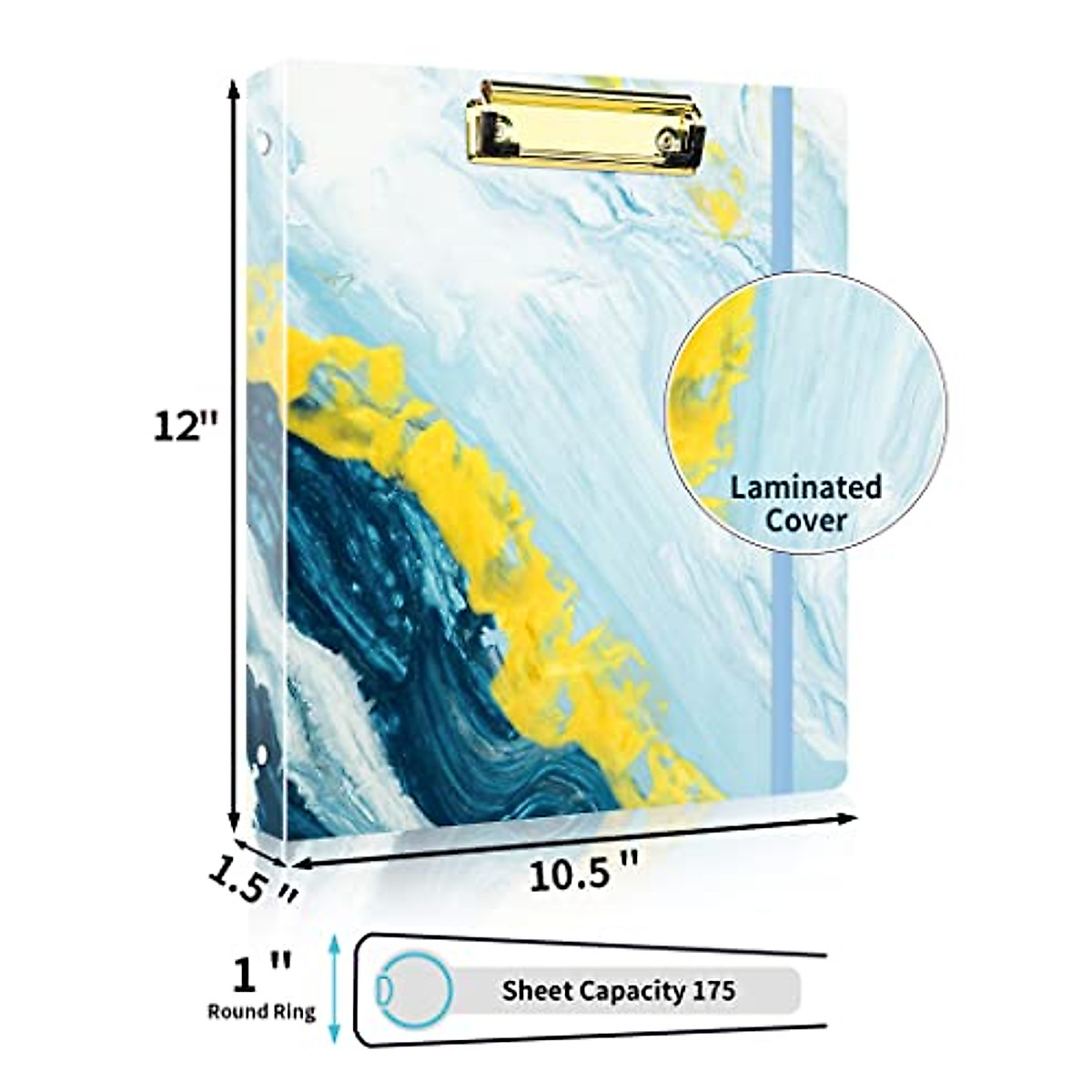 3 Ring Binder 1 Inch, SUNEE Cute Binder with Clipboard, 2 Pockets, 5 Tab Dividers & Label Stickers, Decorative Blue Marble Heavy Duty Three Ring Binder (Fit 8.5x11) for Office Binder Supplies