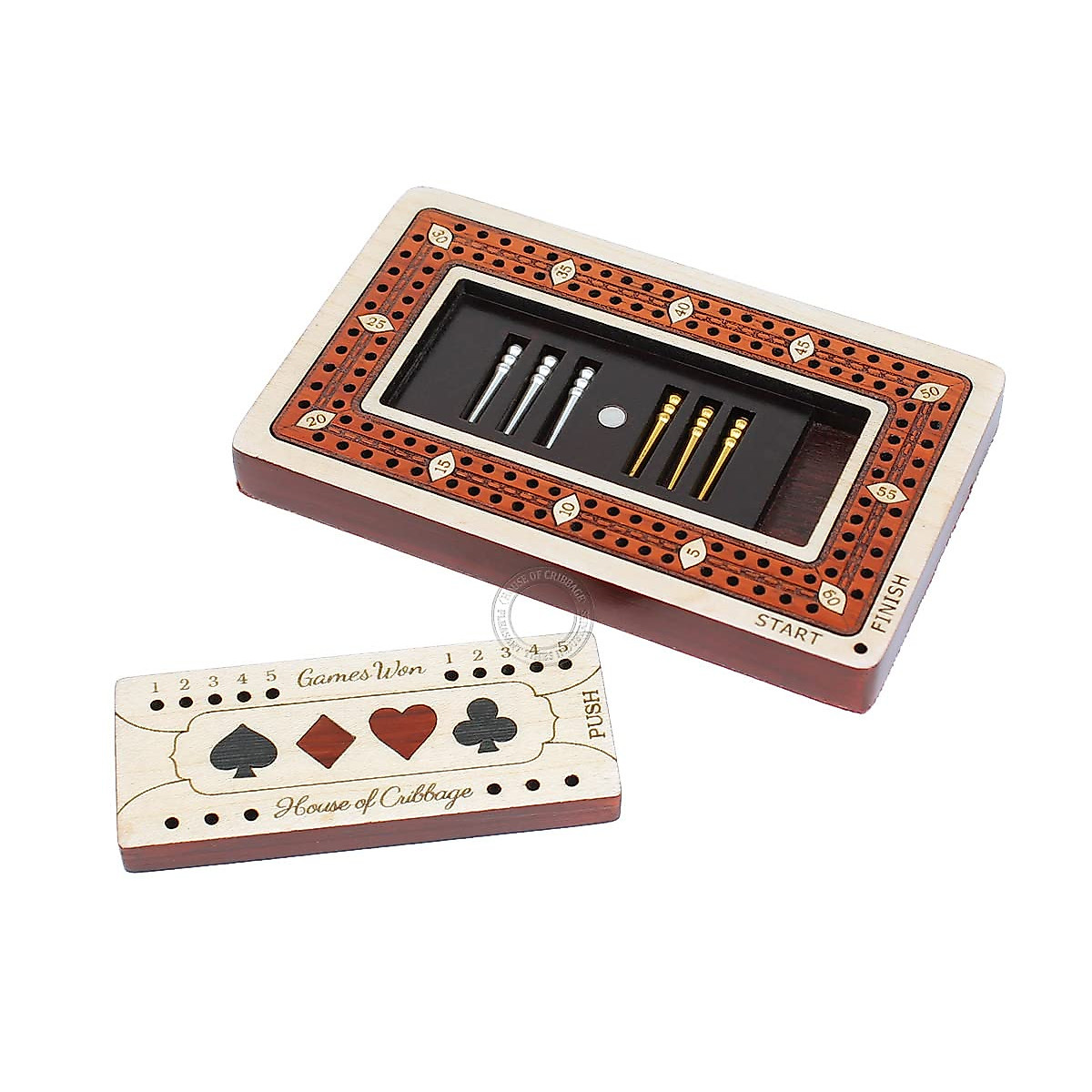 House of Cribbage - 2 Track - Wooden Travel/Pocket Size Cribbage Board - 4 Inch - Inlaid in Maple Wood/Bloodwood with Storage Space for Cribbage Pegs - 60 Points - Non Continuous