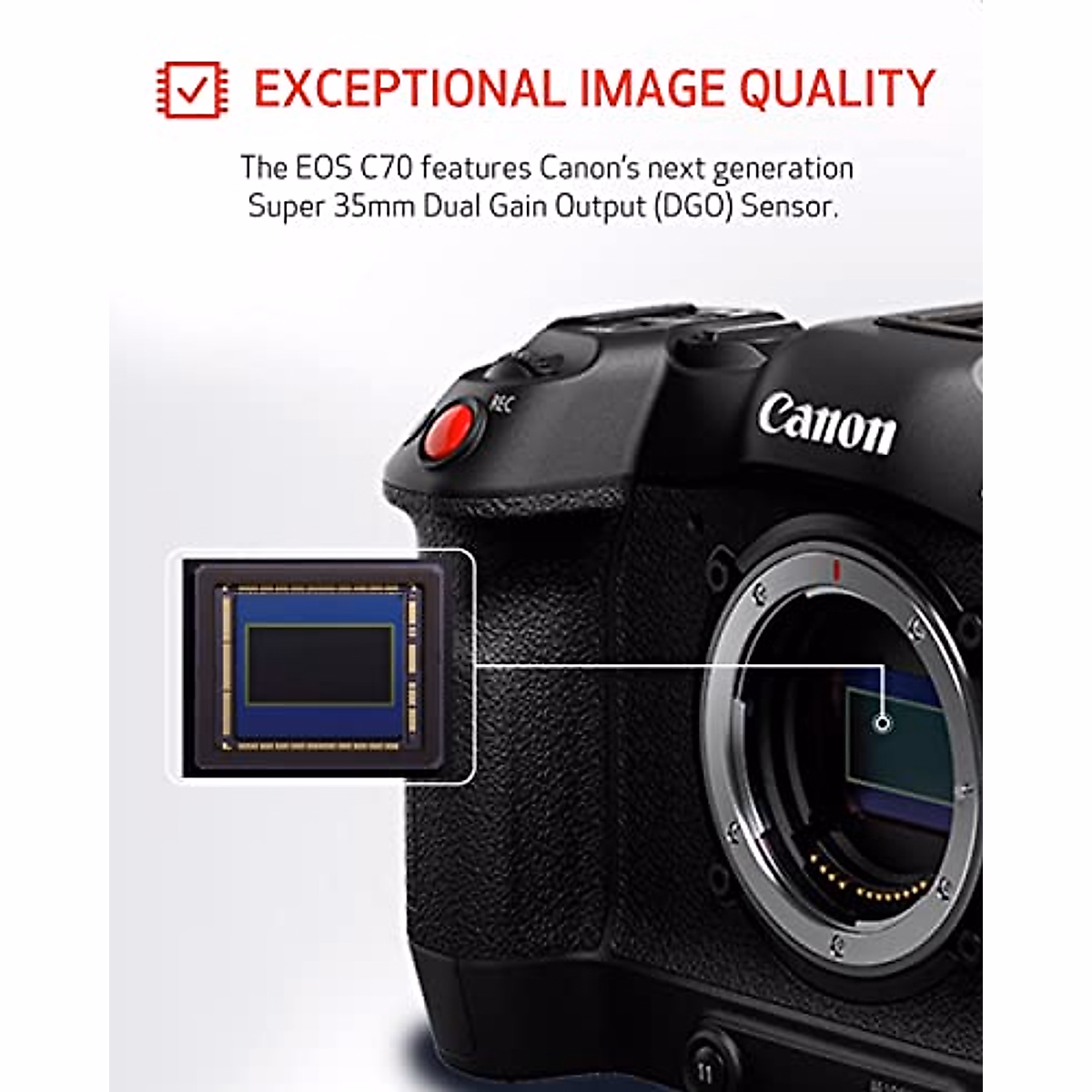 Canon EOS C70 Cinema Camera RF Mount - EF Lens Compatibility w/EF-EOS R 0.71x Adapter - 16+ Stops Dynamic Range - ND Filters - RAW Internal Recording - CMOS AF - Face Eye Detection, Subject Tracking