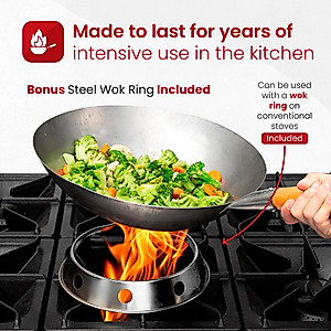 14-inch Fire Wok – Hand Hammered Carbon Steel Wok Pot – Pre-Seasoned Nonstick Round Bottom Wok for Induction, Electric, Gas Stove – Traditional Stir-Fry Pan with Ergonomic Handle With Bonus Ring