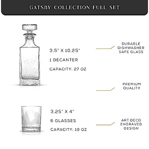 JoyJolt Gatsby Whiskey Decanter and 6PC Glasses Set. 27 oz Airtight Glass Decanter and Set of 6 Old Fashioned Rocks Glasses for Scotch, Bourbon Whisky, Brandy, Cognac Rum or Whiskey Cocktails