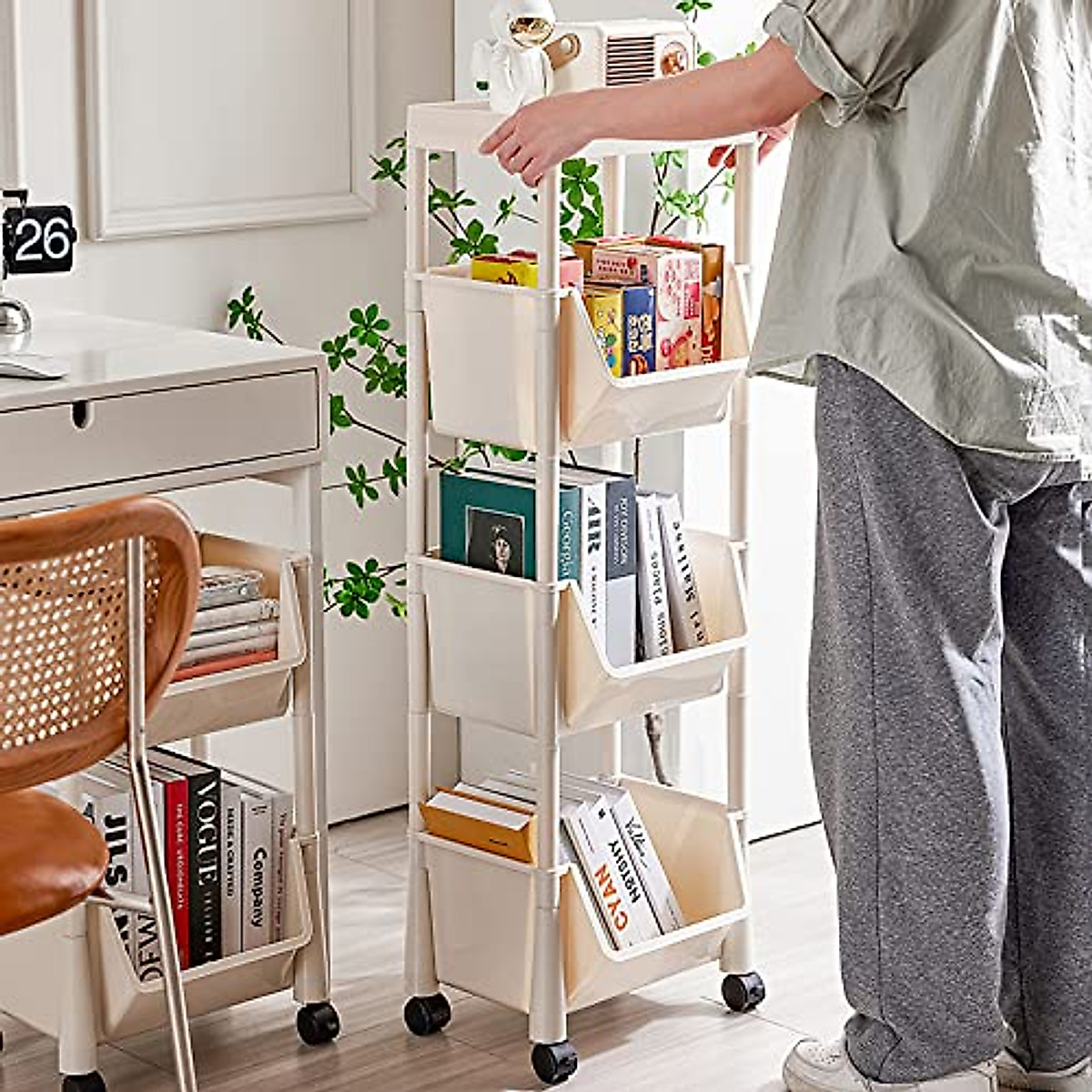 Item Shelf Bookshelf with Wheels, Large Storage Easy Assemble 3-Tier 4-Tier Shelf with Lockable Wheels Standing Strong Structure Movable Design for Family Room Students Office Working (4-Tier, A)