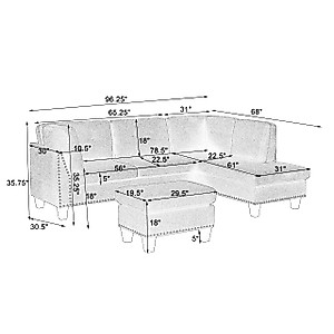 BEEY Modular Sectional Sofa Couch with Reversible Chaise, 3-Seat L Shaped Sectional Couch with Ottoman for Living Room, Right Facing Couch, Light Grey