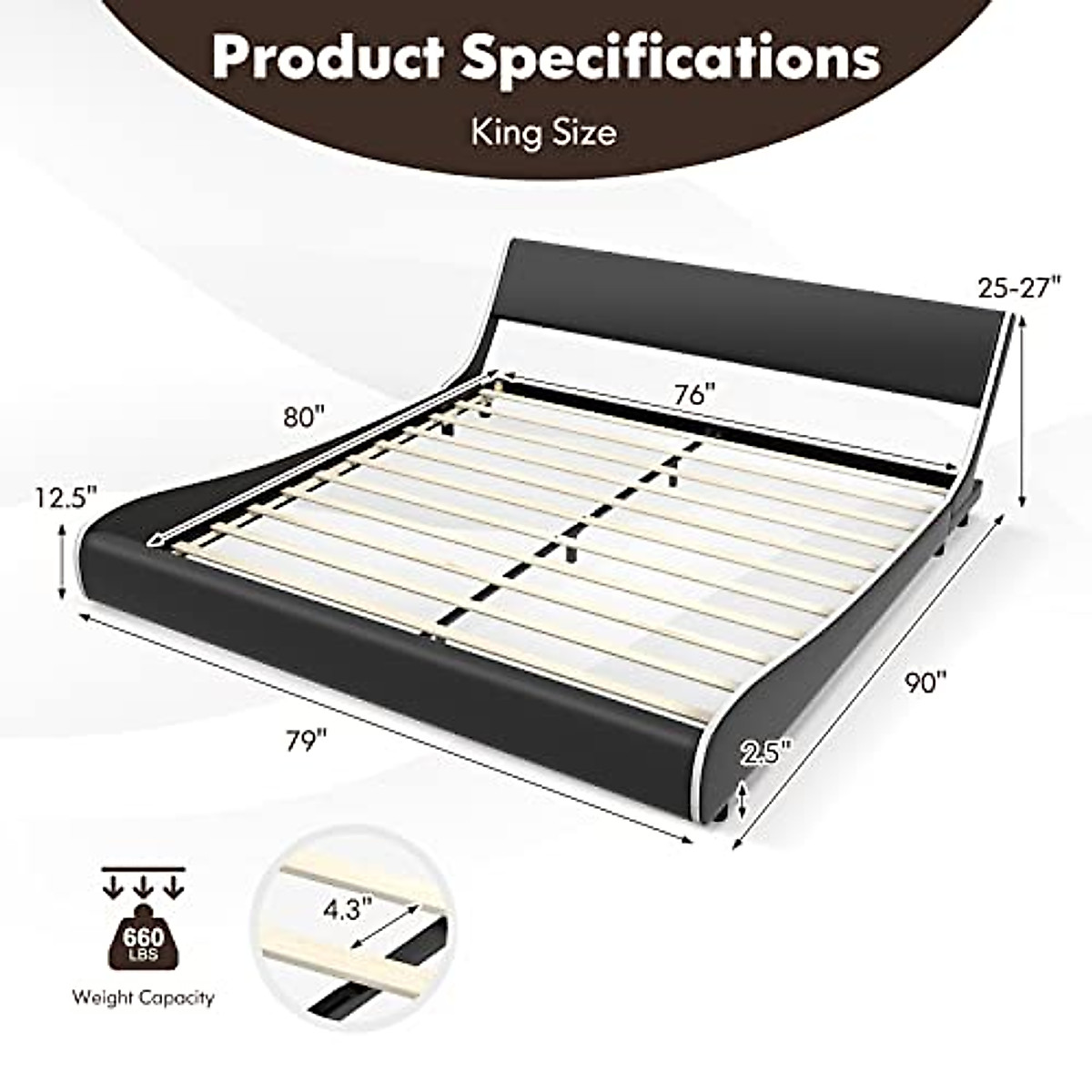 GOFLAME King Bed Frame, Modern Upholstered Platform Bed with Adjustable Headboard, Solid Wooden Slat Support, Faux Leather Luxury Reclining Bed Frame, No Box Spring Needed