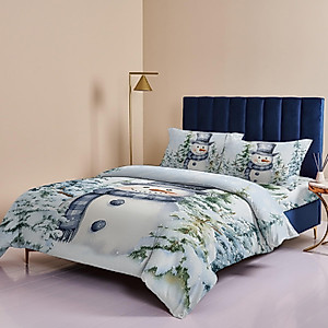 Merry Christmas Snowman Xmas Tree Duvet Cover Sets 4 Piece Queen Ultra Soft Bed Quilt Cover Set for Kids/Teens/Women/Men,Winter Snow Scene Bedding Collection All Season Use