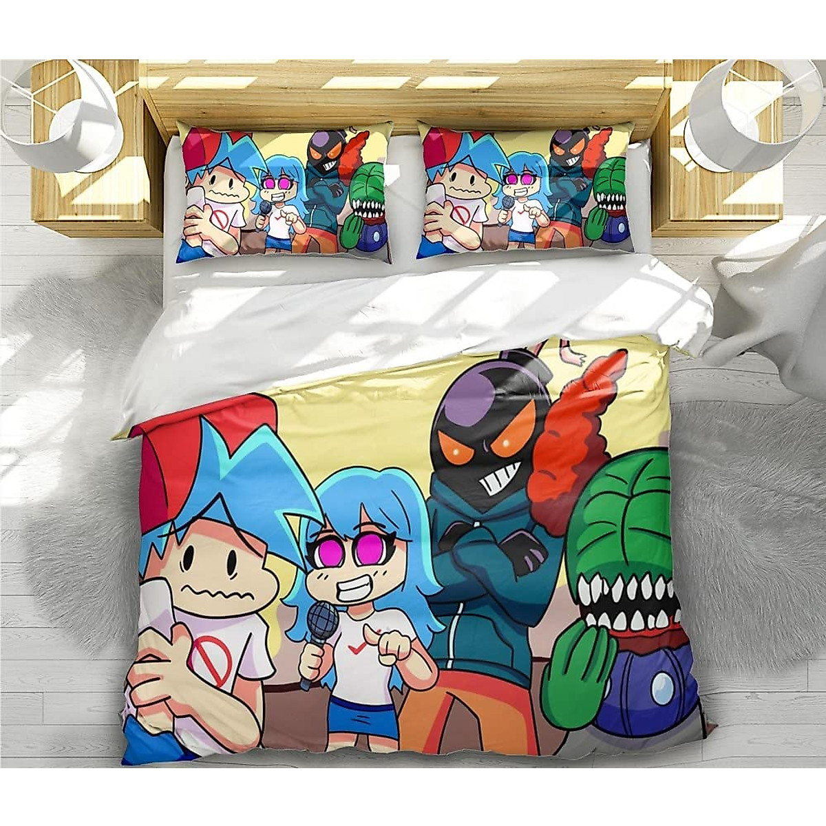 NICHIYOBI Friday Funkin Game FNF Duvet Cover Set 3D Bedding Comforter Cover 3 Pcs (1 Duvet Cover+2 Pillowcases) Bedding Set (01,Queen-90x90in+20x30in*2)