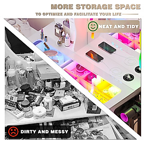 MDGC RGB Makeup Vanity Desk with Wireless Charging Station,7 Dynamic and 7 Static Dimmable Vanity Table with Glass Desktop,Vanity Mirror with Lights Desk&Chair,8 Drawers,Stool