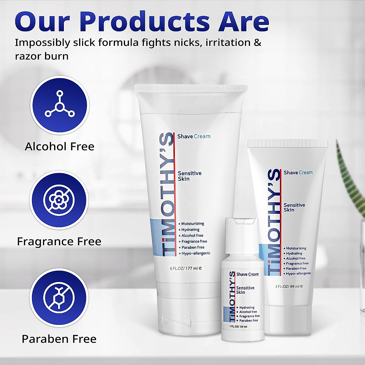 Timothy's Unscented Shave Cream 6 ounce Sensitive Skin, Fragrance Free, Alcohol Free, Paraben Free