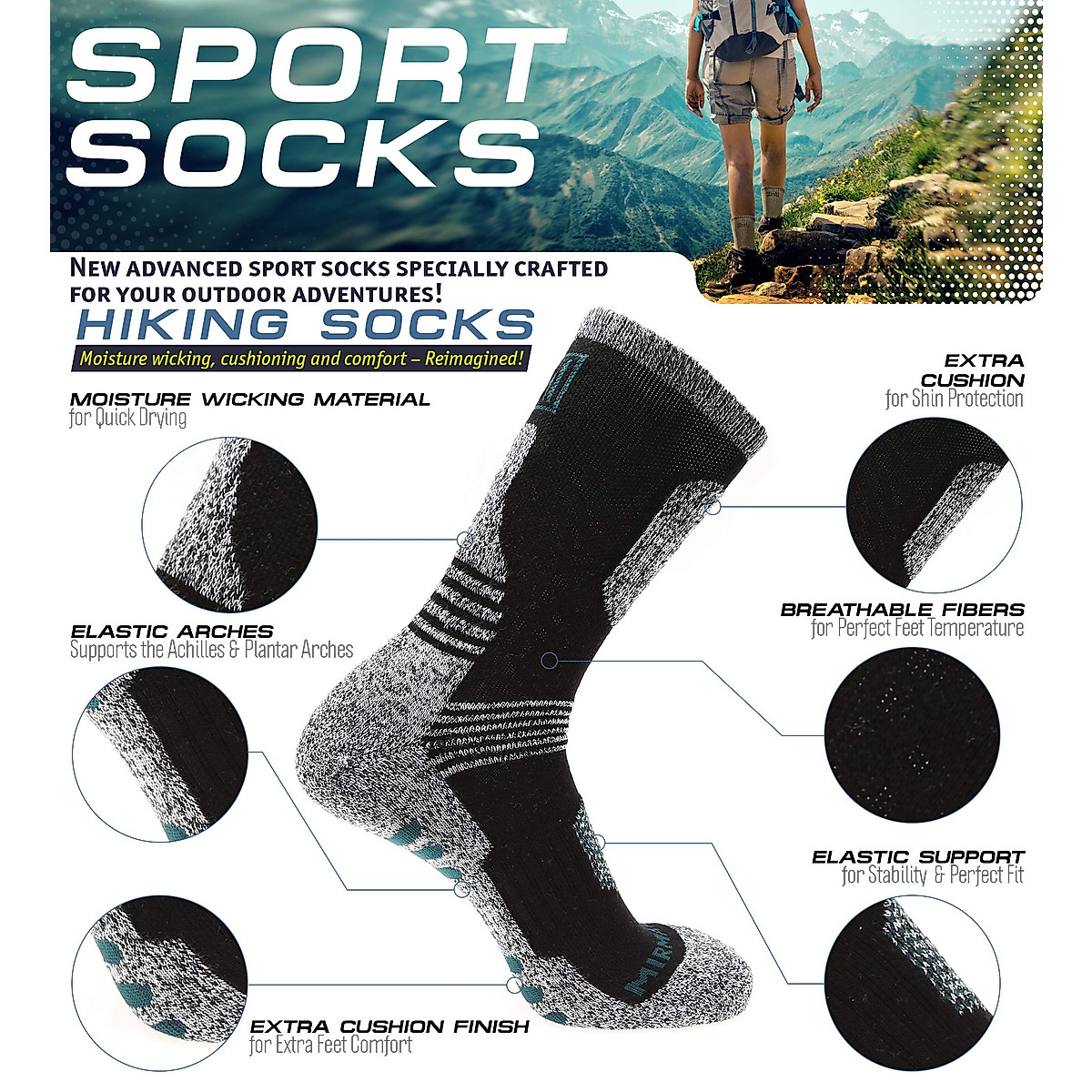 MIRMARU Men’s 5 Pairs Hiking Socks- Multi Performance Moisture Wicking Outdoor Sports Hiking Crew Socks (M251-LARGE)
