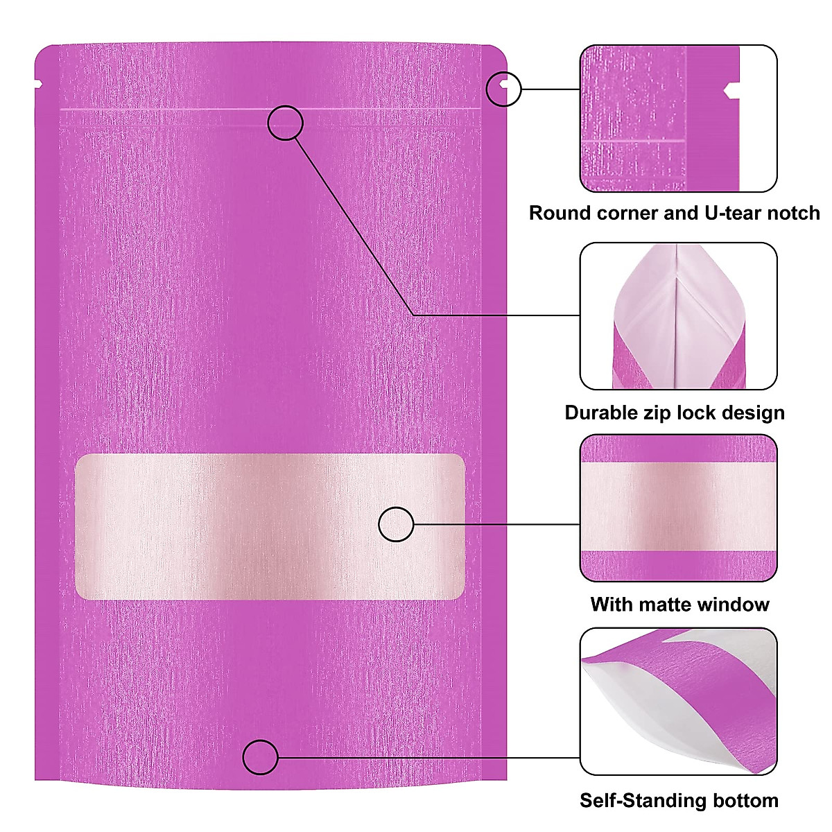 WObell 50pcs Kraft Ziplock Pouches,4.7x7.9 Inch Resealable Stand up Bags with Window, Reusable Ziplock Food Storage Pouches,Heat Sealable Bags Purple