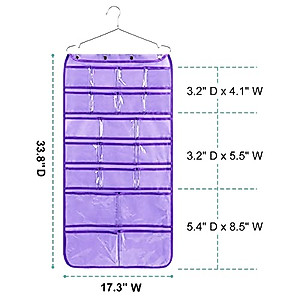 ANZORG Dual Sided Hanging Organizer for Jewelry Makeup Storage Closet Organizers for Bows Socks Underwear with 42 Clear Pockets (PURPLE)