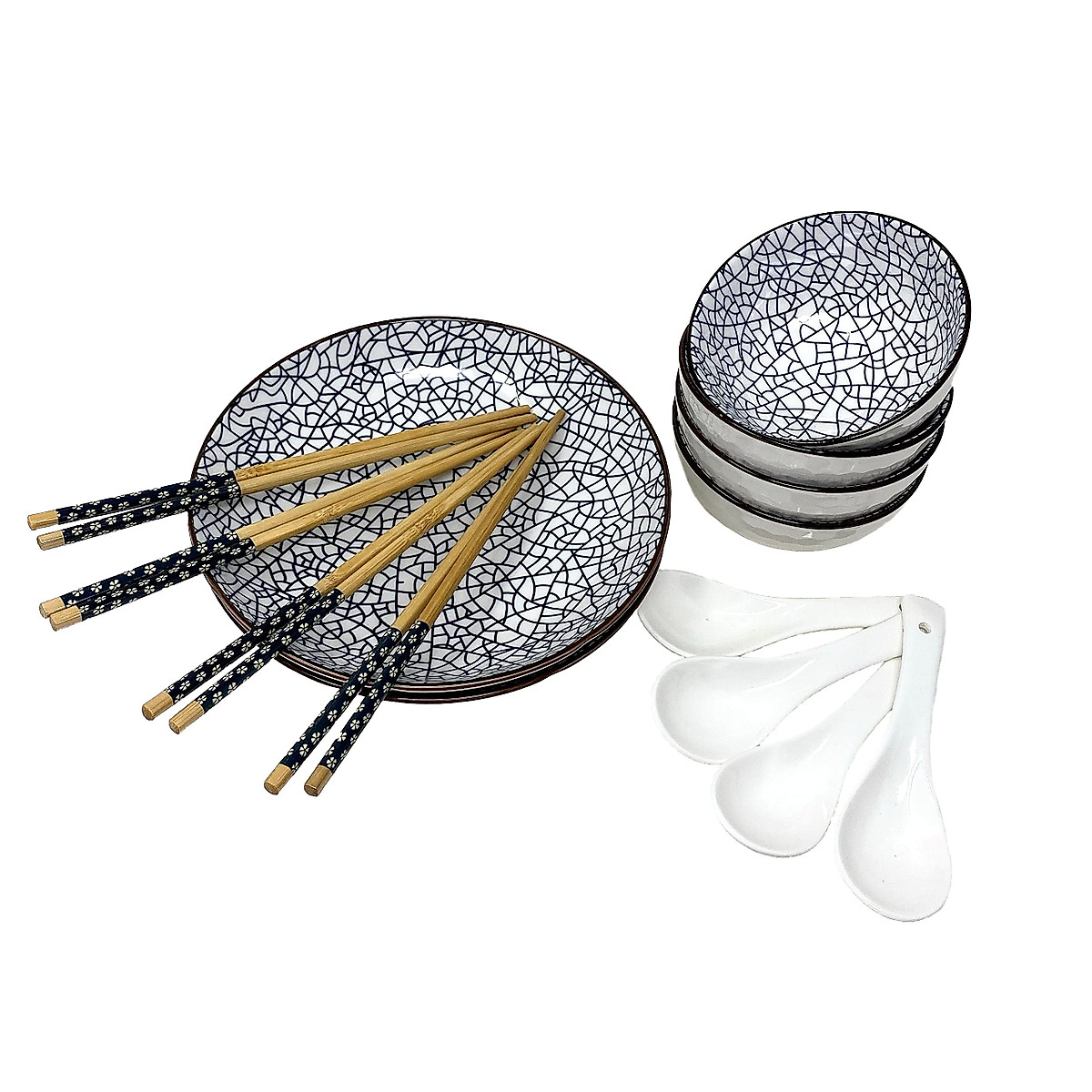 TJ Global 14-Piece Japanese Asian Cuisine Bowl Set with 4 Bowls, 4 Pairs of Chopsticks, 4 Soup Spoons and 2 Deep Plates for Serving Dinner, Rice, Soup, Dessert, Salad, Etc.