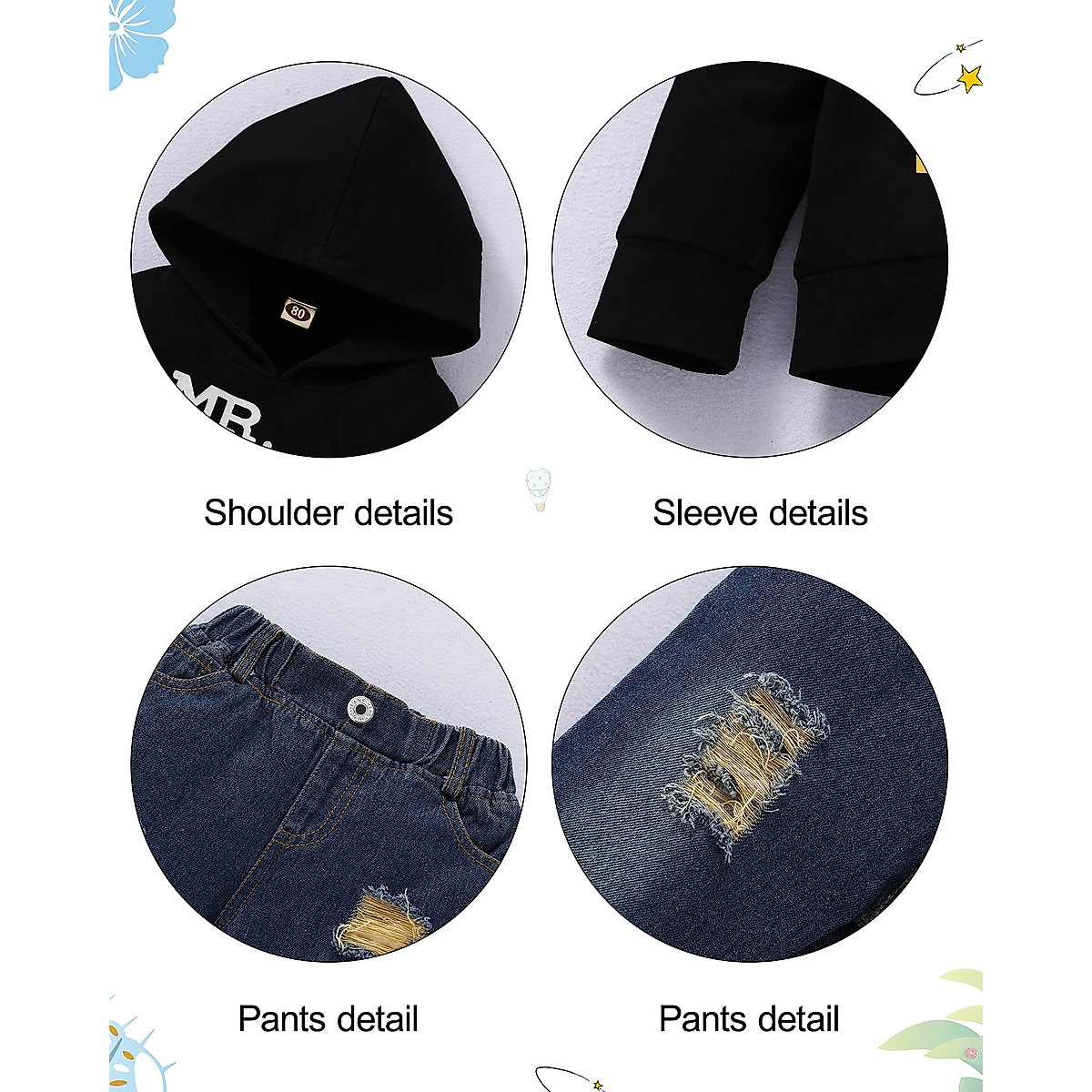 YALLET 2T 3T Toddler Baby Boy Clothes Fall Winter Outfit Sets Long Sleeve Letter Hoodies Top+Ripped Denim Pants 2pcs
