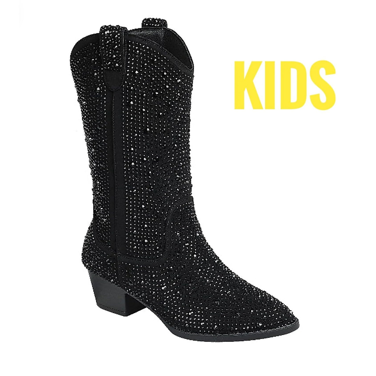 Forever Girls/Kids Rhinestone Western Cowgirl Cowboy Pointed Toe Low Heel Boots River-11K Black 2
