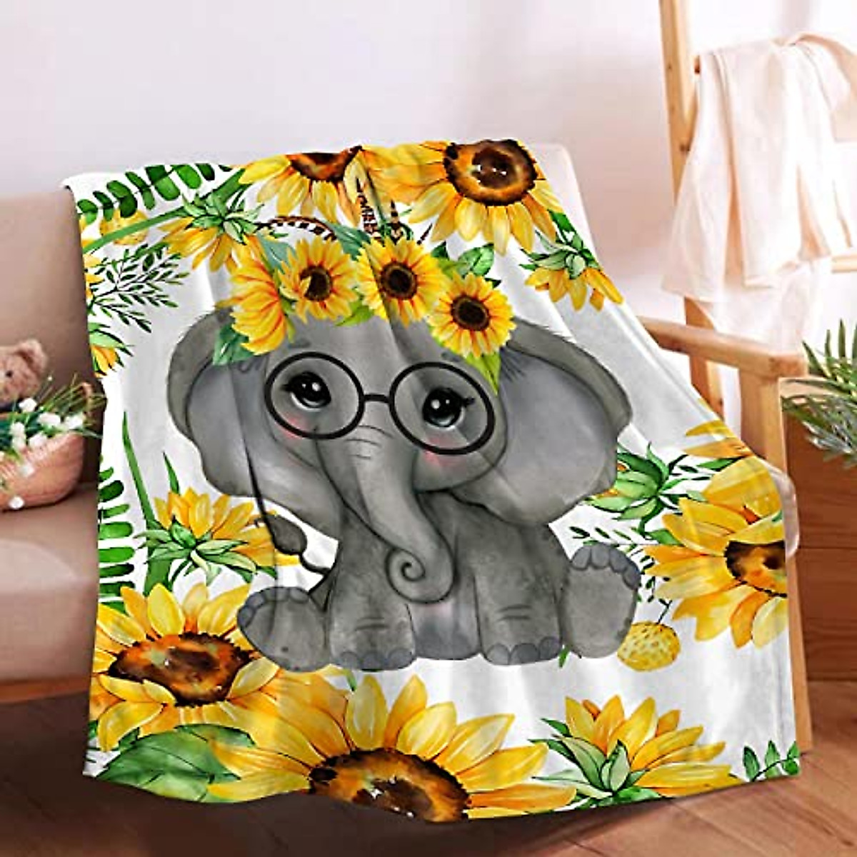 Super Soft Blanket Glasses Elephant and Sunflower Light Weight Throw Quilt Comfy Fluffy for Bed Sofa Suitable All Seasons 50"X40" for Kid Small